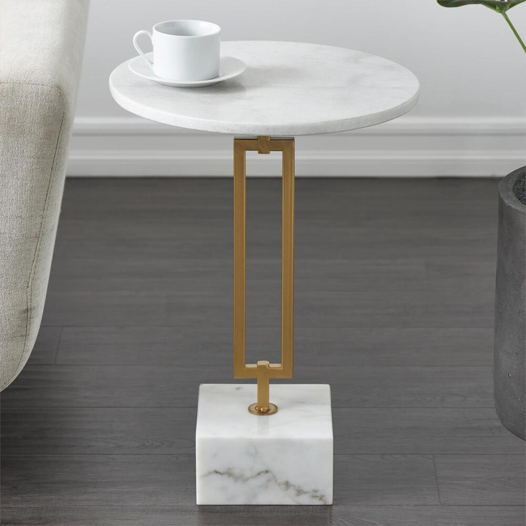 Mesa auxiliar en marmol blanco soporte rectangular dorado 16x16x23 ...